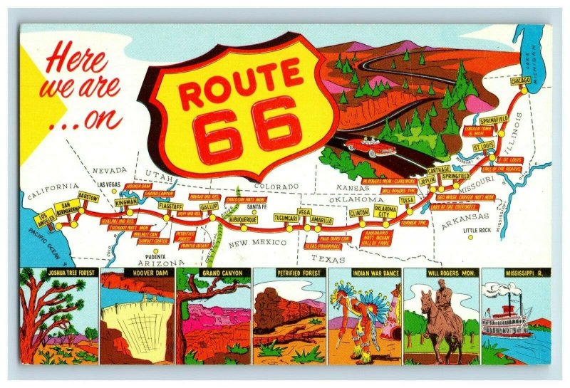 Vintage Route 66 Map Postcard P152 | United States - Roadside America ...