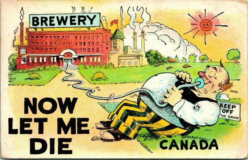 1939 Comic Cartoon Postcard Canada Brewery Drunk w Hose "Let Me Die Now ...