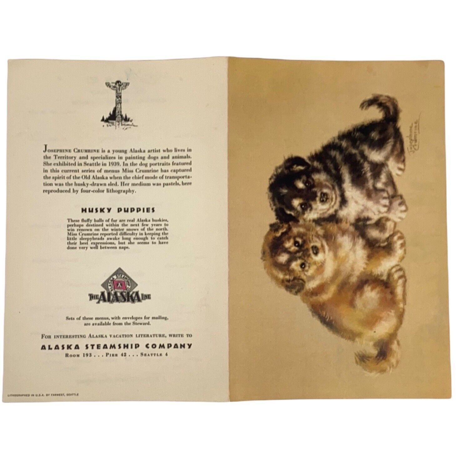 1949 Alaska Steamship Line S.S. Aleutian Dinner Menu - Husky Puppies ...
