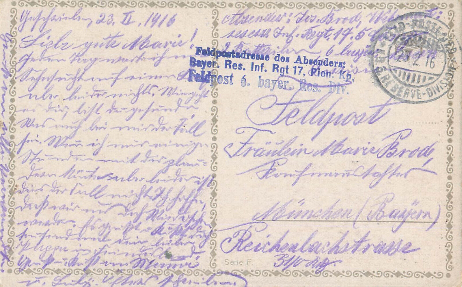 World War 1914/15 German infantry & flag regimental postcard artist M ...