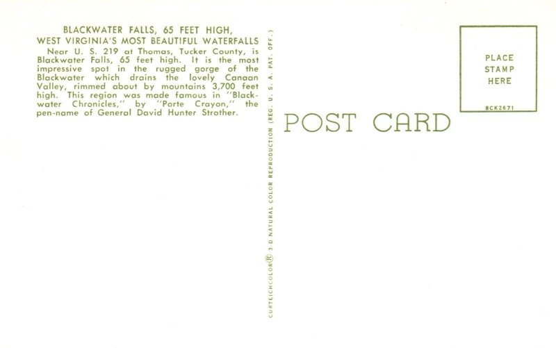 Vintage Postcard Blackwater Falls Water Falls Thomas Tucker County West ... Vintage Postcard Blackwater Falls Water Falls Thomas Tucker County West ...