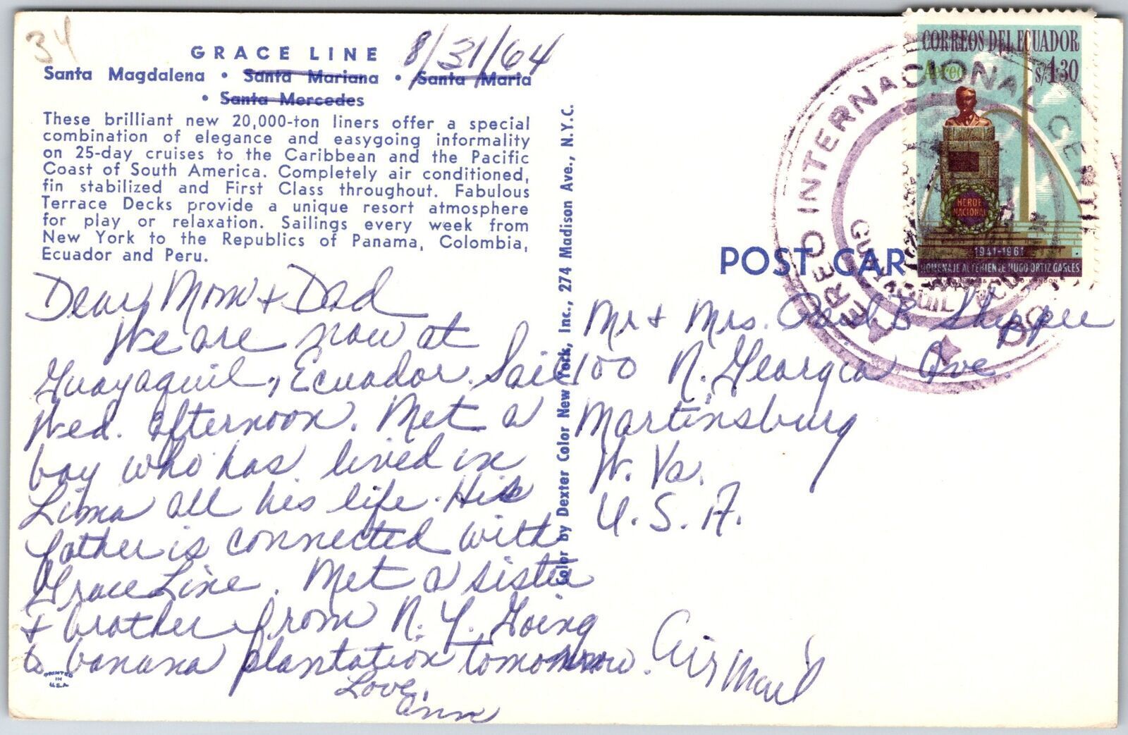 1950's Ship Grace Line Santa Magdalena First Class Cruise Ship Posted ...