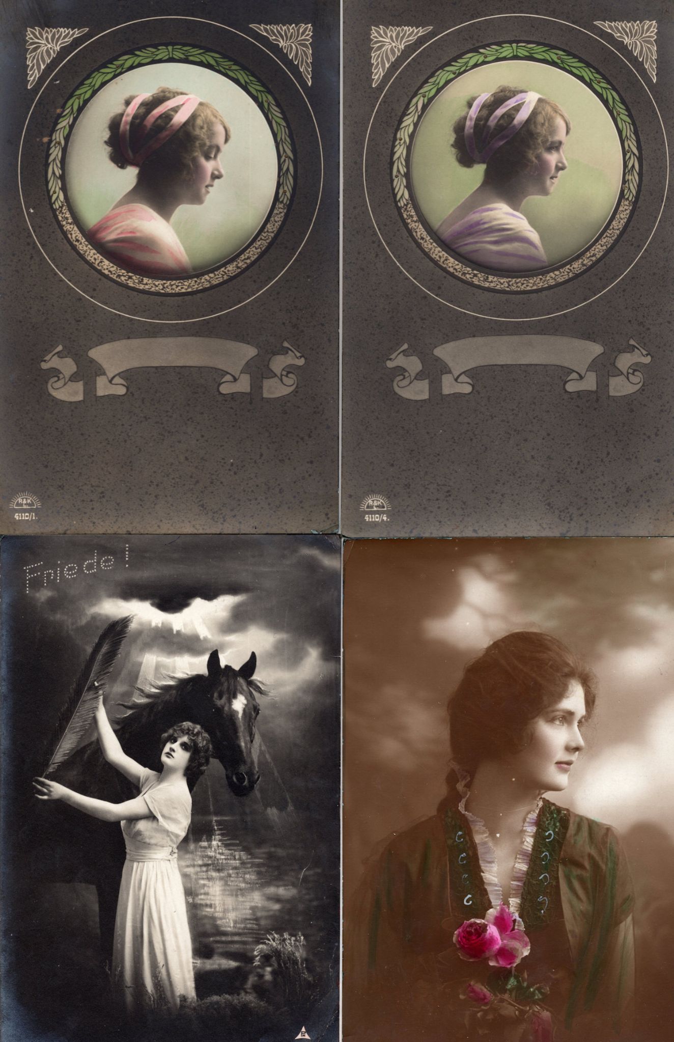 Woman & Black Beauty Horse Friede 4x Antique Glamour Postcard s ...