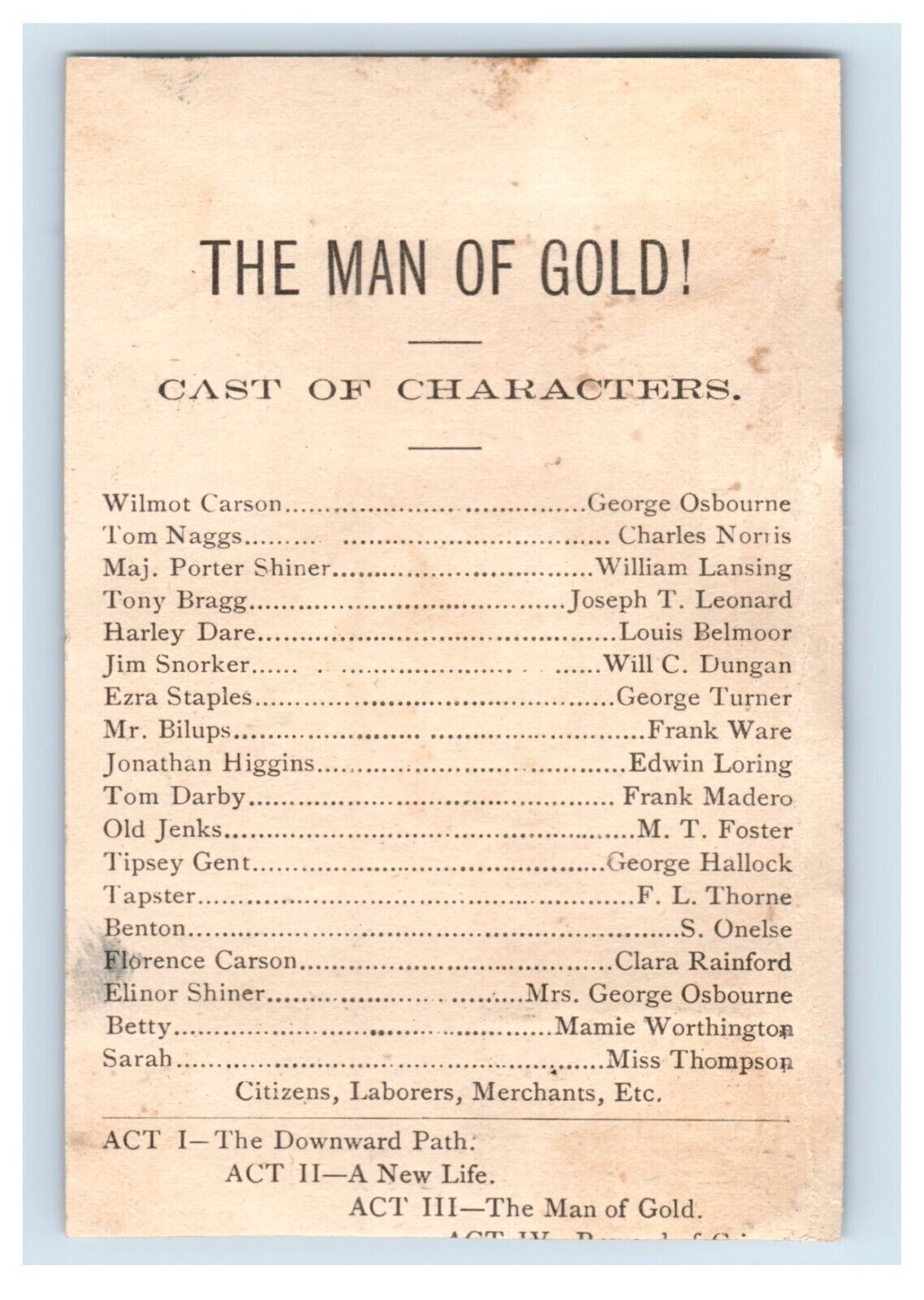 1870s-80s Victorian Stage Play "The Man Of Gold" Cast List On Back Fab ...
