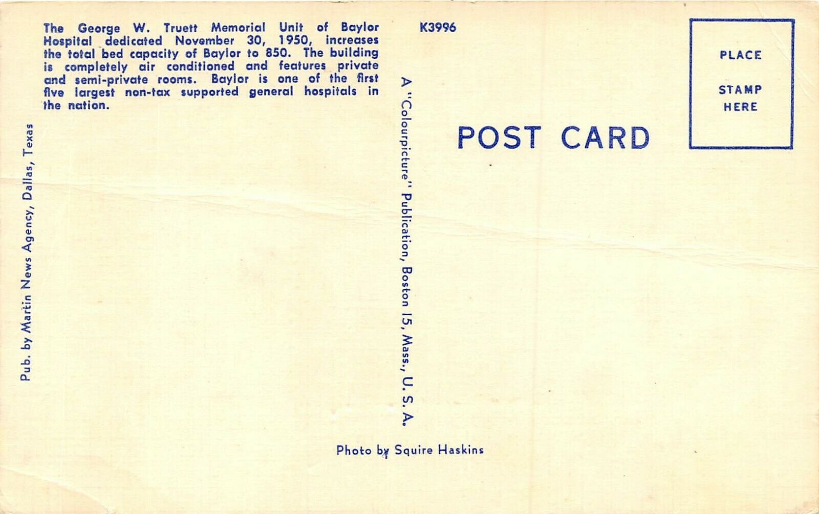 Dallas Texas 1940s Postcard George W. Truett Memorial Unit Baylor ...