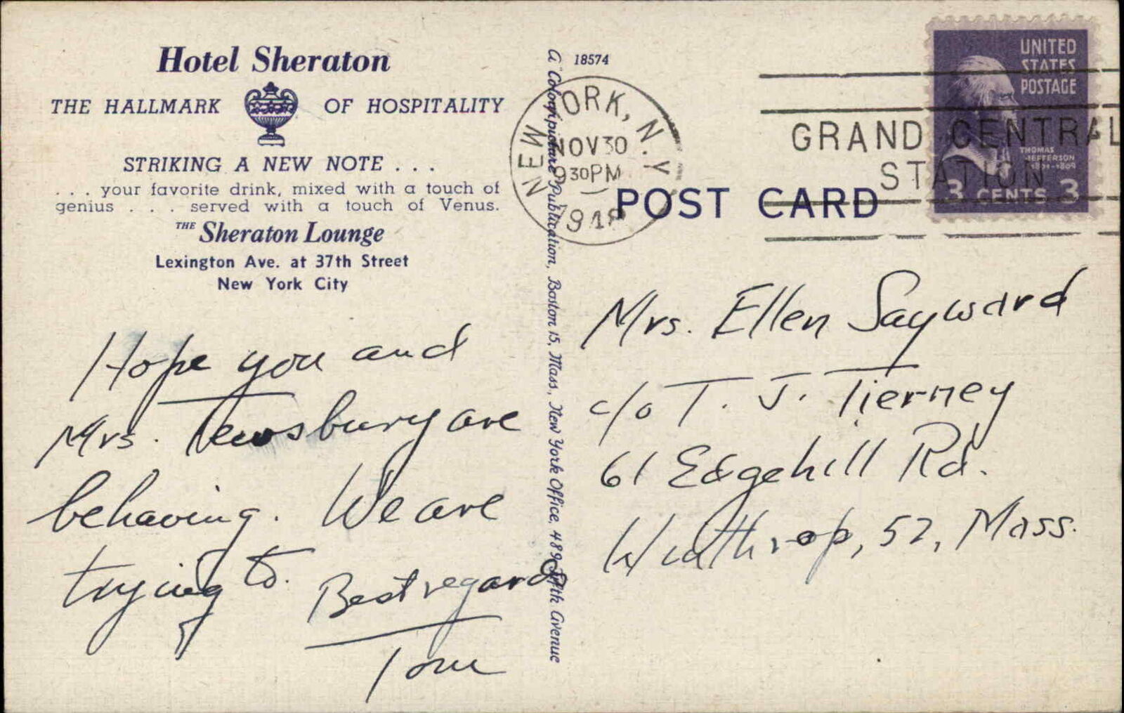 New York City Sheraton Lounge Restaurant Interior Linen c1930s-40s ...