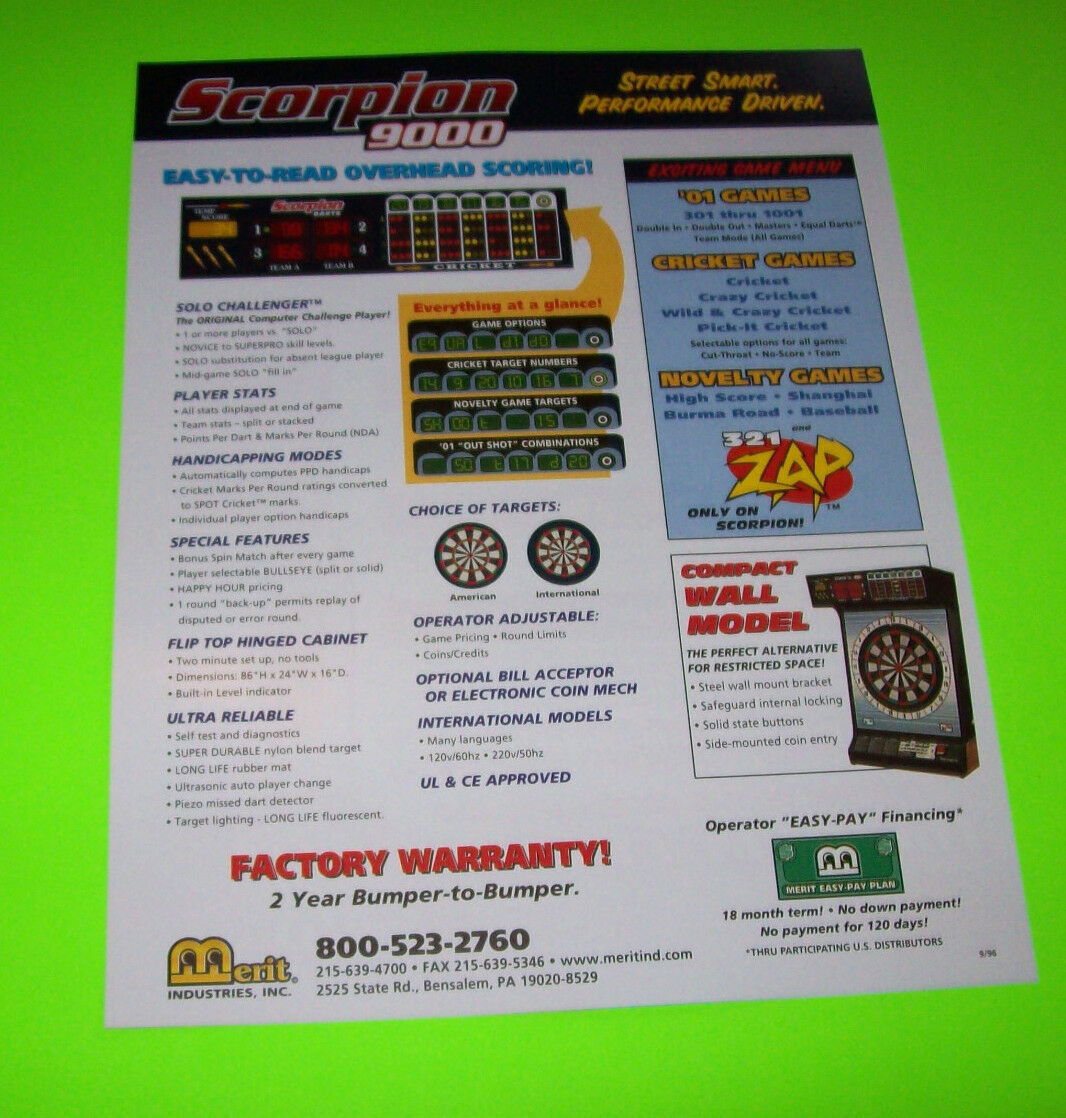 Scorpion 9000 Dart Arcade Game Flyer Original Vintage Promo Sheet ...