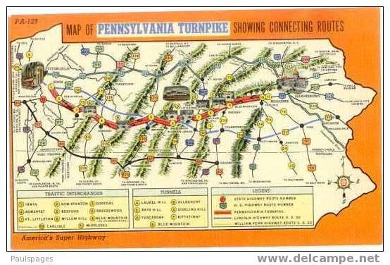 Map Card of Pennsylvania Turnpike Showing Connecting Routes, PA, Linen ...