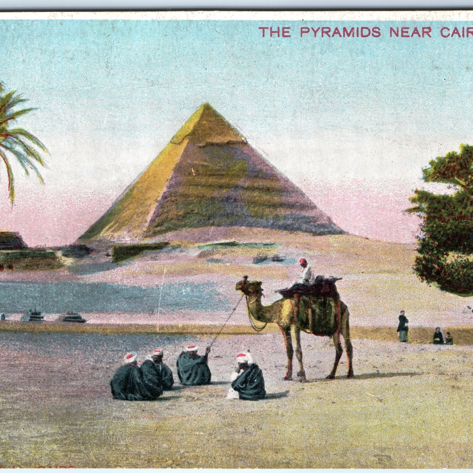 c1910s Cairo, Egypt Great Pyramid of Giza Khufu Palm Arab Camel Buried ...