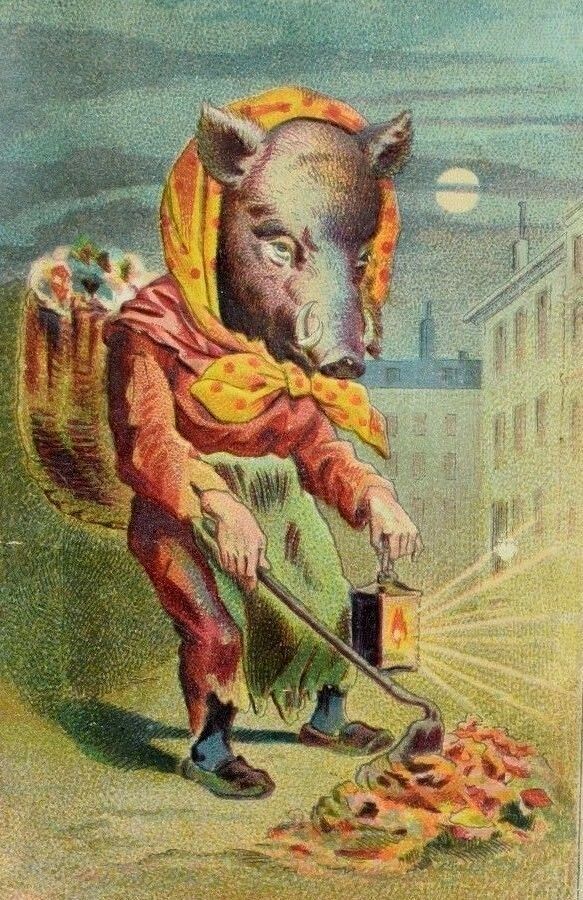 1880's Embossed Anthropomorphic Old Boar Lady Moon City Streets Lantern ...