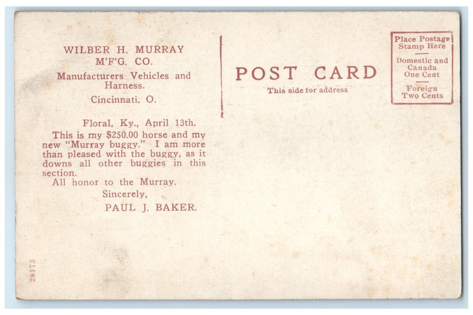 c1910 Murray Buggy Horse Carriage Wilber Murray Cincinnati Ohio Vintage ...