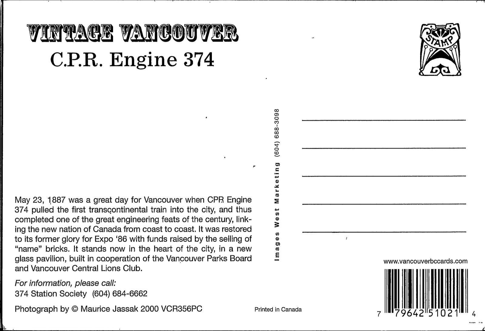 Photo Postcard Vintage Vancouver Historic CPR Engine 374 May 23 1887 ...