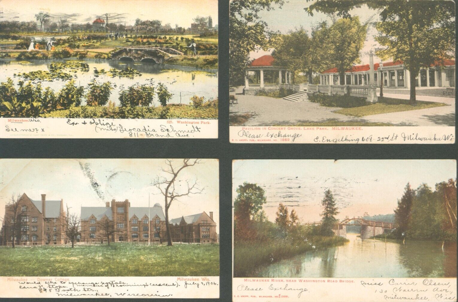 Milwaukee Wisconsin~Lot of 4 1900s Postcards-Grove Lake Park-Bridge ...
