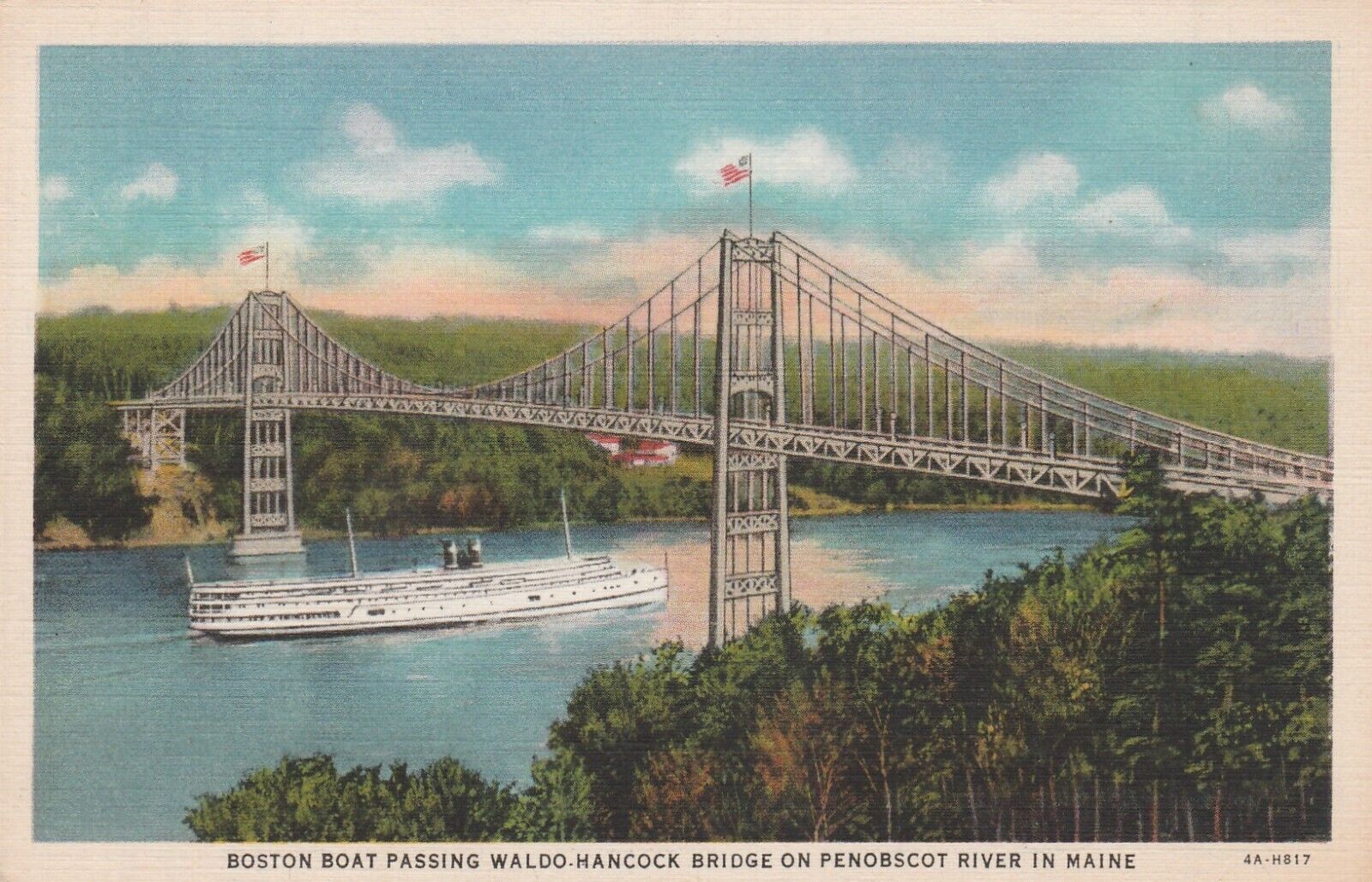 Boston Boat Passing Waldo-Hancock Bridge on Penobscot River In Maine ...