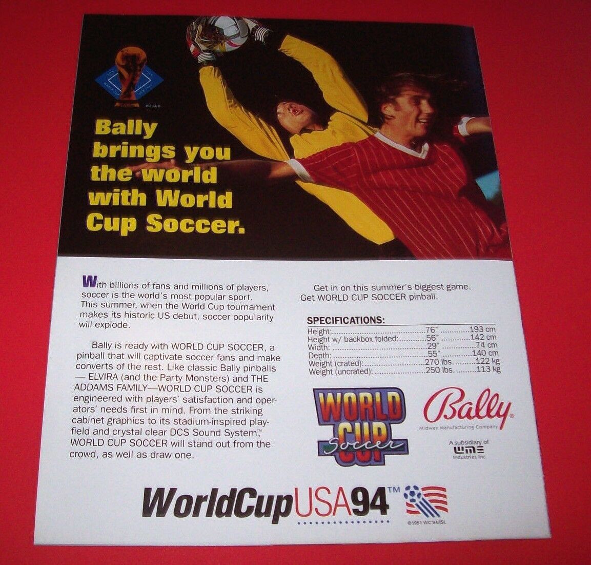 World Cup Soccer Pinball Flyer Original 1994 NOS Fifa Game Art Promo ...