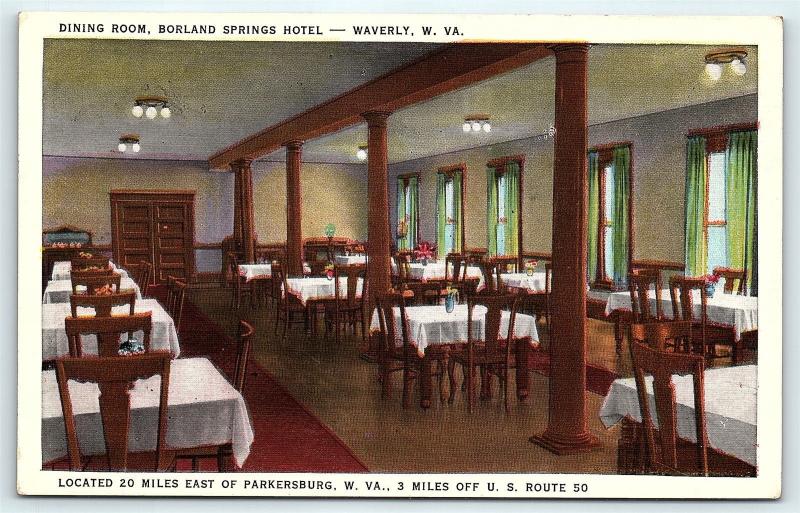 Postcard WV Waverly Wood County Borland Springs Hotel Interior Dining ...