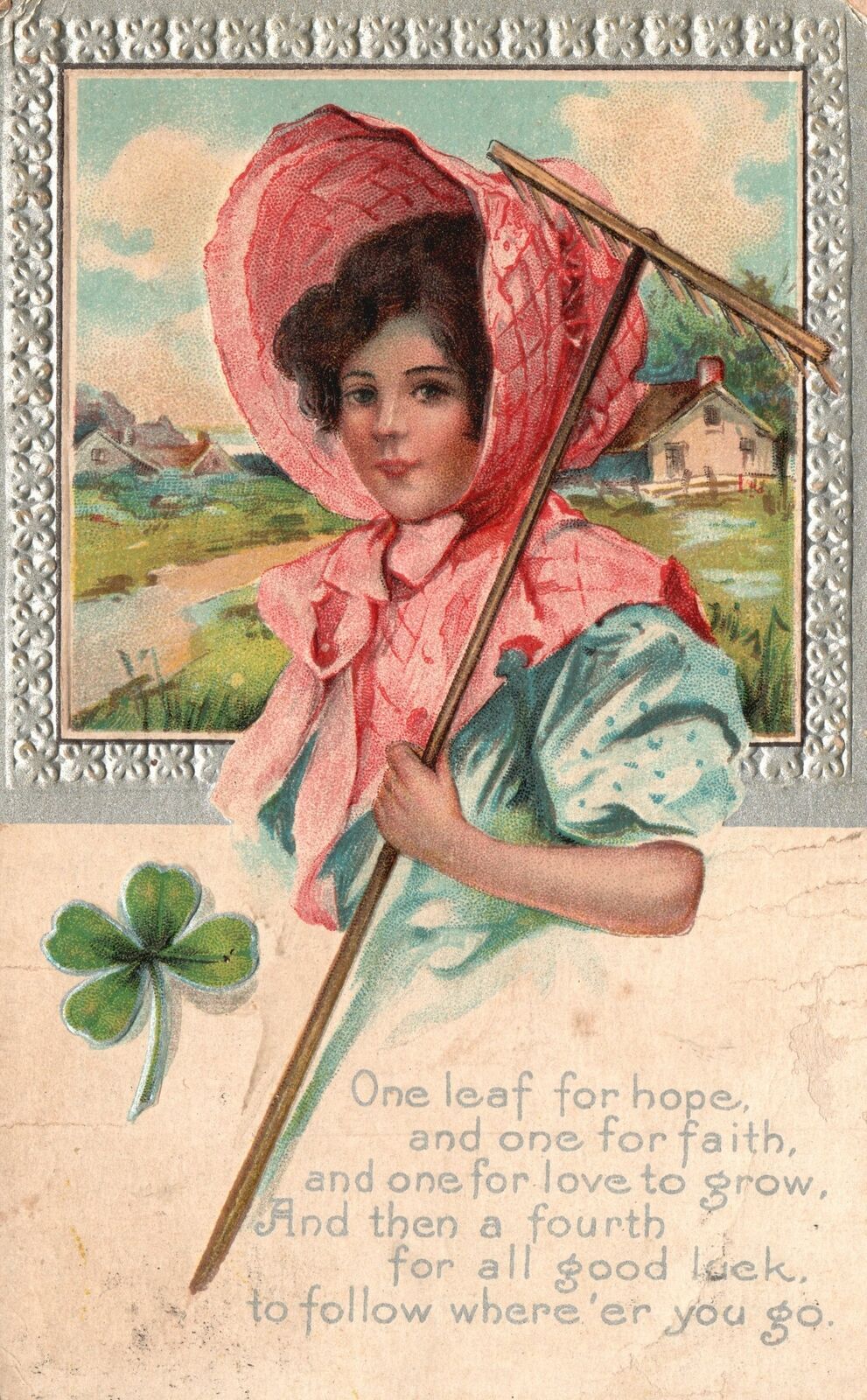 Vintage Postcard 1912 Good Luck Card Friendship Remembrance Girl Rake ...