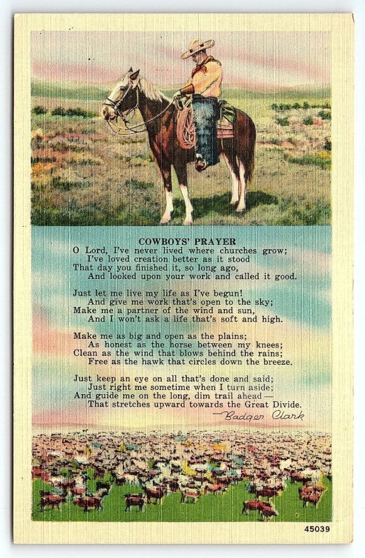 1930s Cowboys Prayer Badger Clark Poem Black Hills Linen Postcard P3670 ...