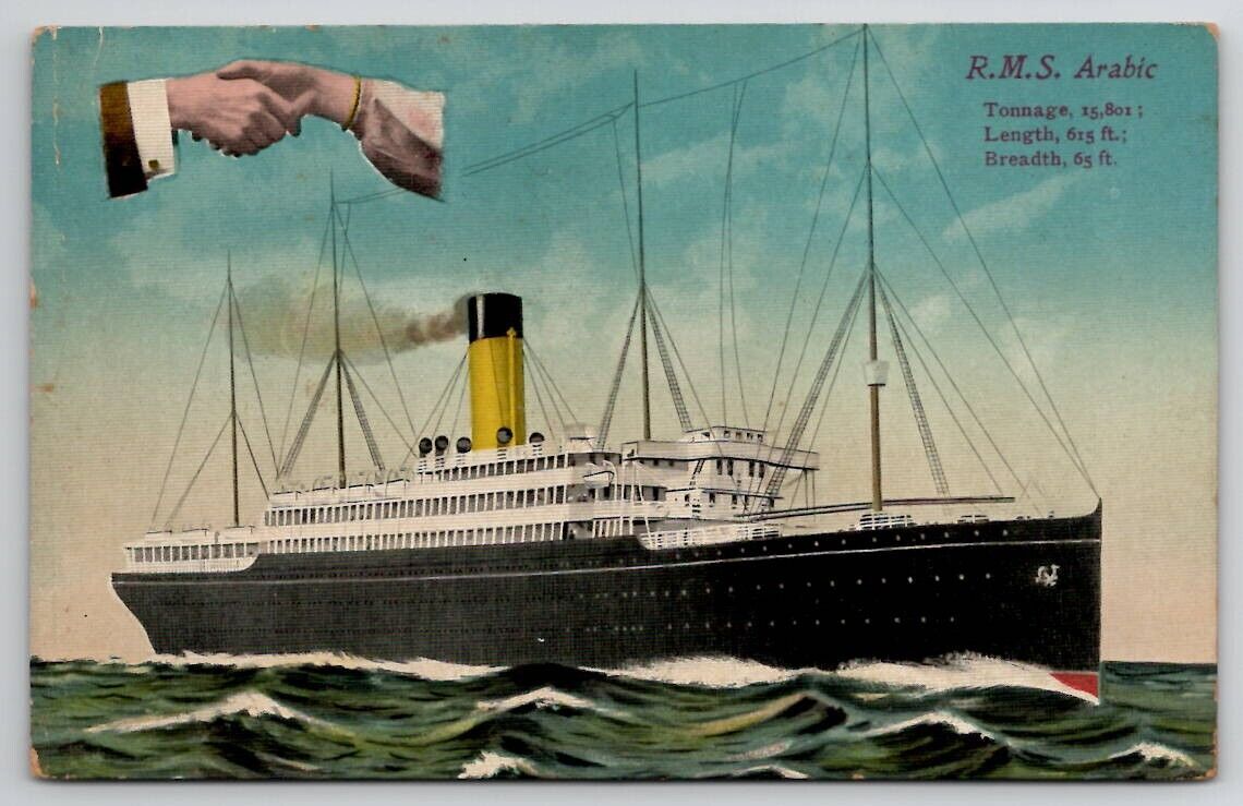 RMS Arabic Ocean Steamer Ship Ocean Liner Hands Across The Sea Postcard ...
