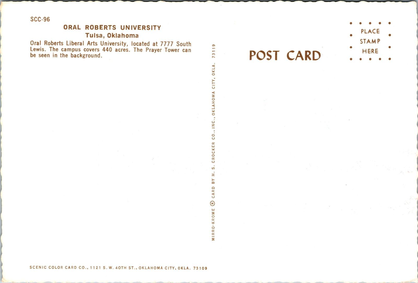 Continental Size Postcard Oral Roberts University at Tulsa Oklahoma ...