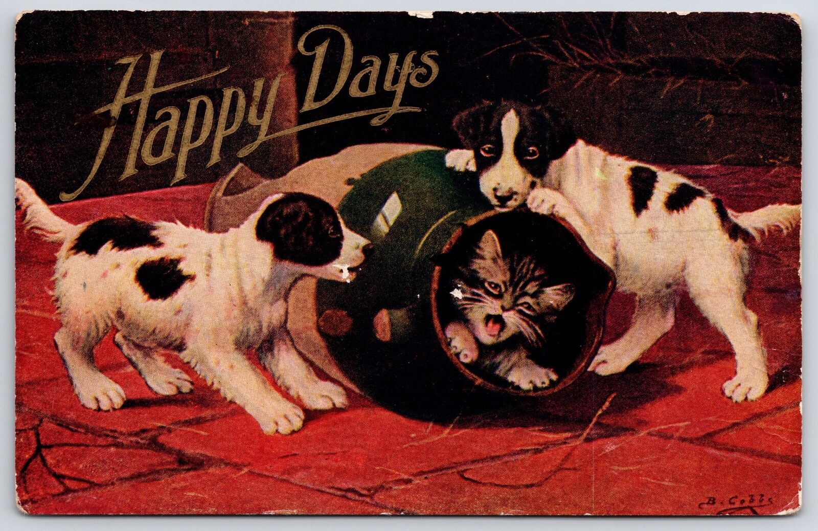 1909 Happy Days Puppies And Kitten Playing Around Animals Pets Posted ...