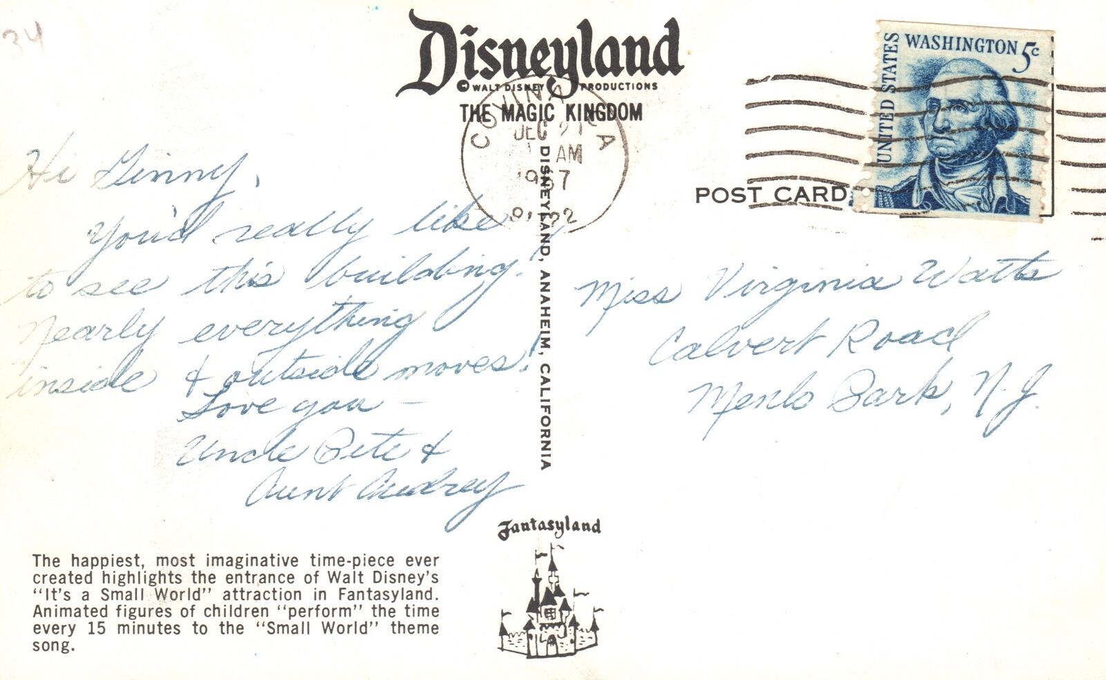 Vintage Postcard 1957 It's A Small World Attraction Fantasy Land ...