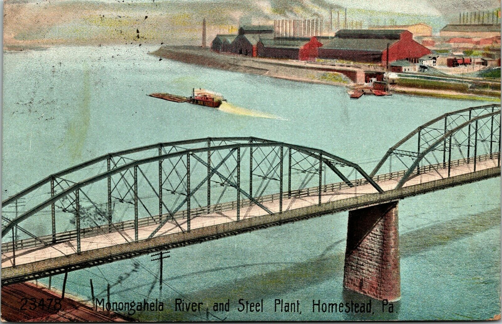 Postcard PA Homestead Monongahela River & Steel Plant - Barges, Bridge ...