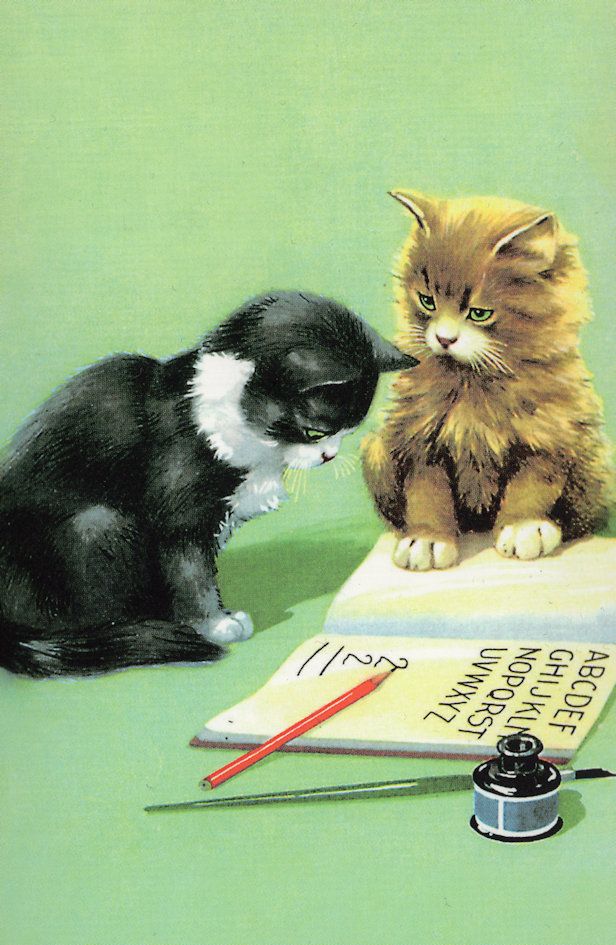 Cats Writing An Alphabet Bottle Of Parker Ink Ladybird Postcard ...