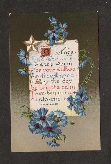 Kind Greetings and Wishes Postcard Poem by H M Burnside Blue Flowers ...
