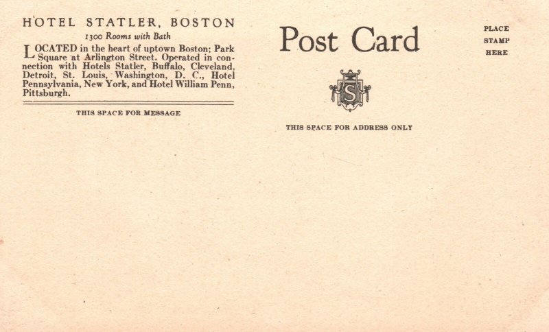 Vintage Postcard 1930's Hotel Statler Boston Park Square Arlington St ...
