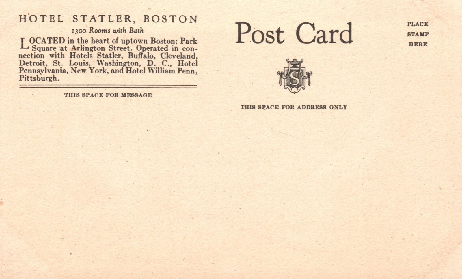Vintage Postcard 1930's Hotel Statler Boston Park Square Arlington St ...