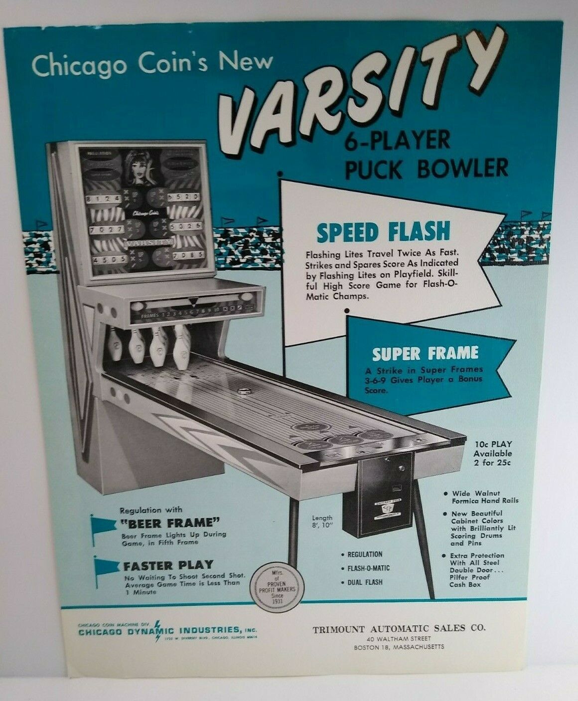 Varsity Arcade Flyer Original Vintage 1969 Chicago Coin Shuffle Alley 8 ...