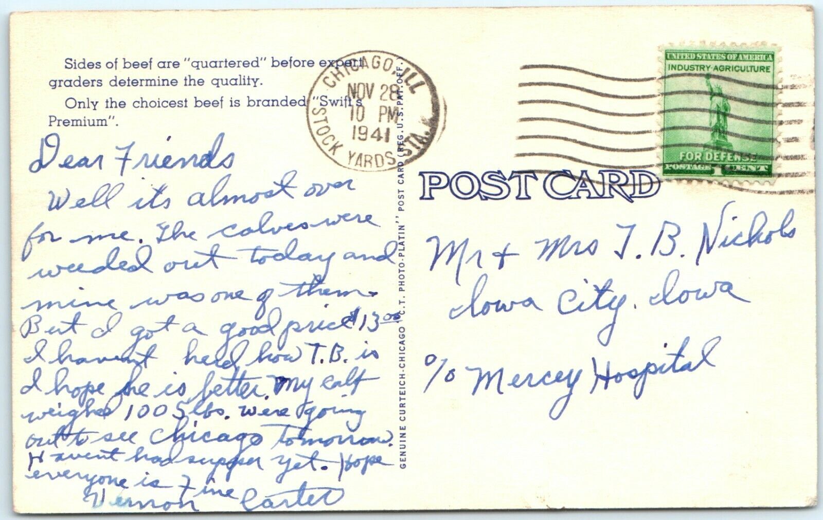 1940s Swift Meat Packing Plant Employee Postcard Beef Quartered ...