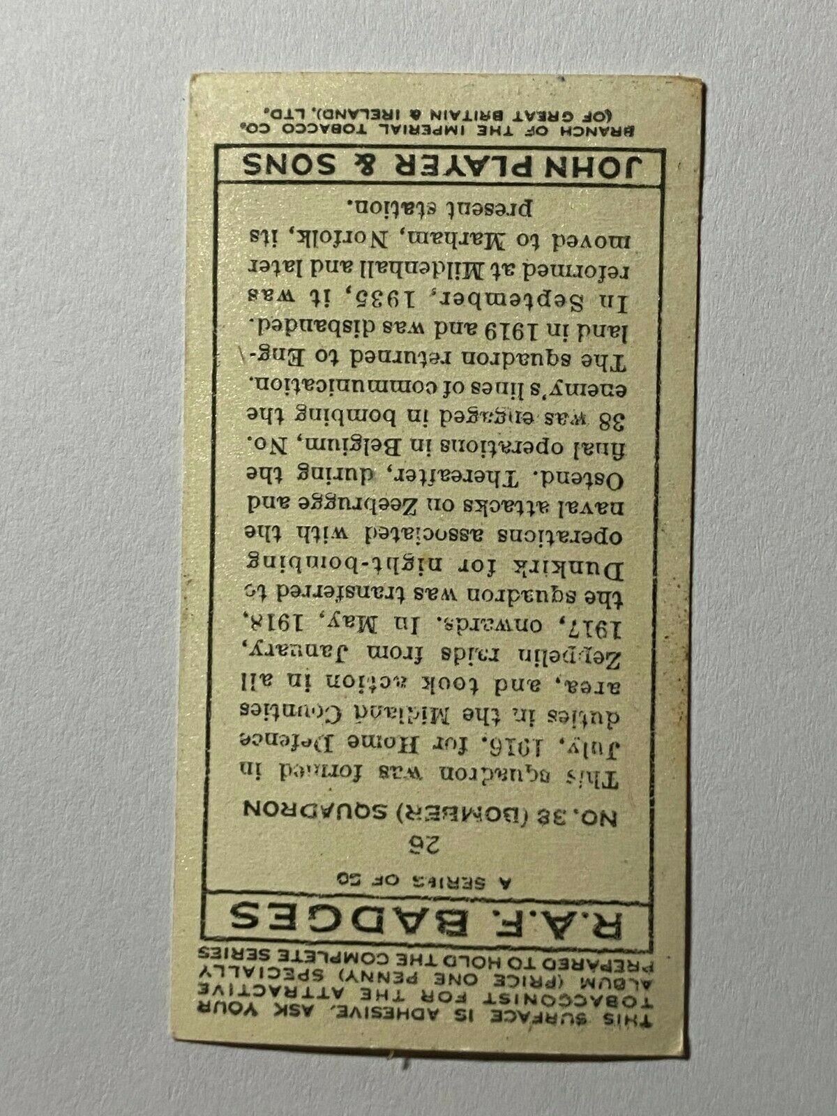 Cigarette Card - Players RAF Badges #26 38 Bomber Squadron (Uu15 ...