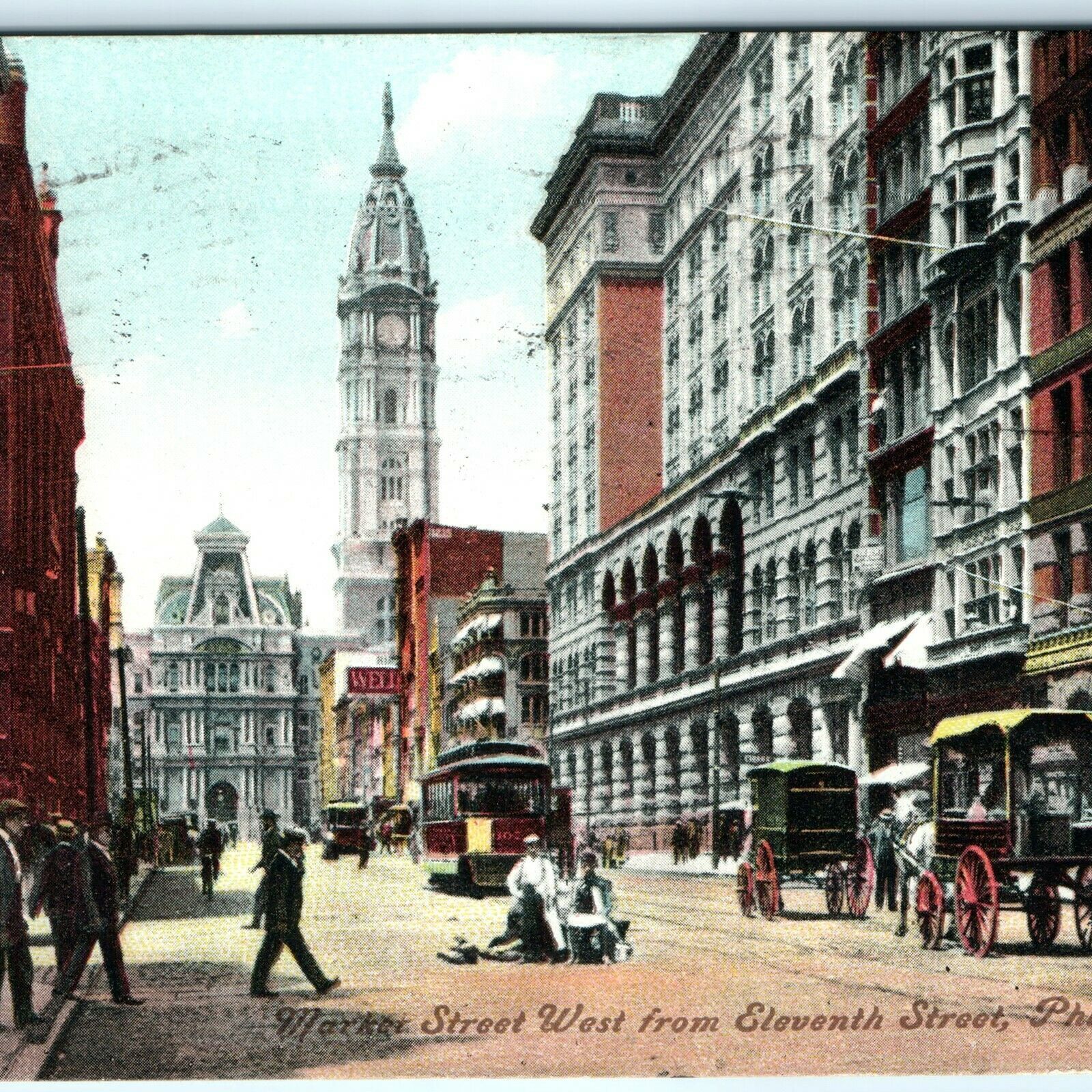 1909 Philadelphia PA Downtown Market Street View Main Trolley St Horse ...