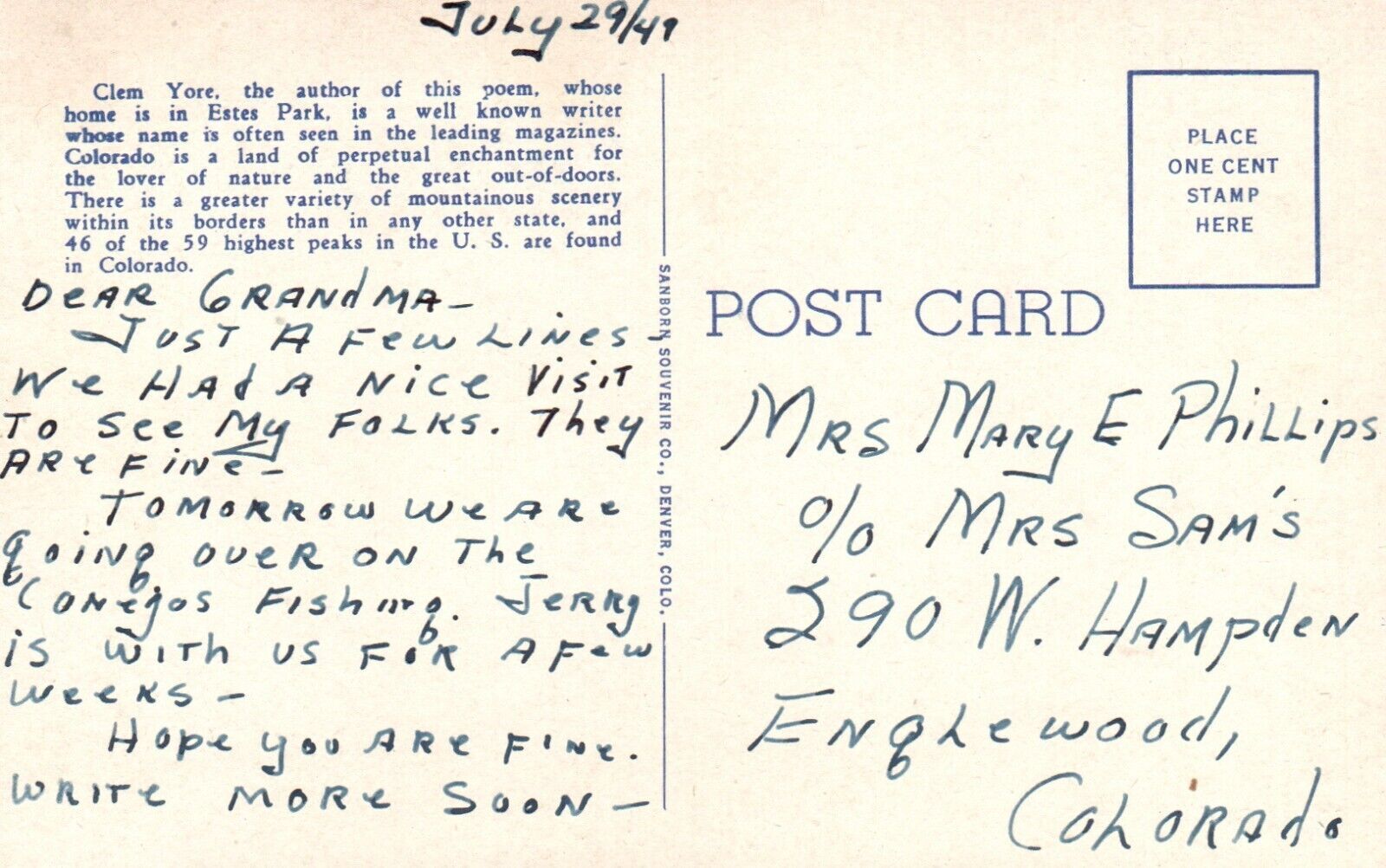 Postcard CO Colorado Poem Playground of America 1949 Linen Vintage PC ...