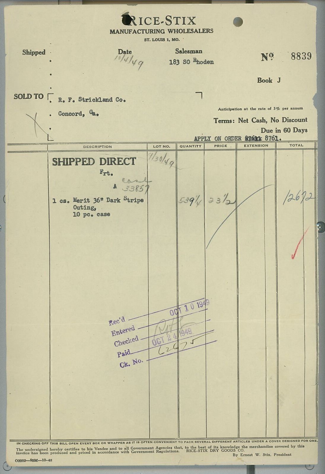 1949 Rice Stix St. Louis Mo. Manufacturing Wholesalers Invoice 307 ...