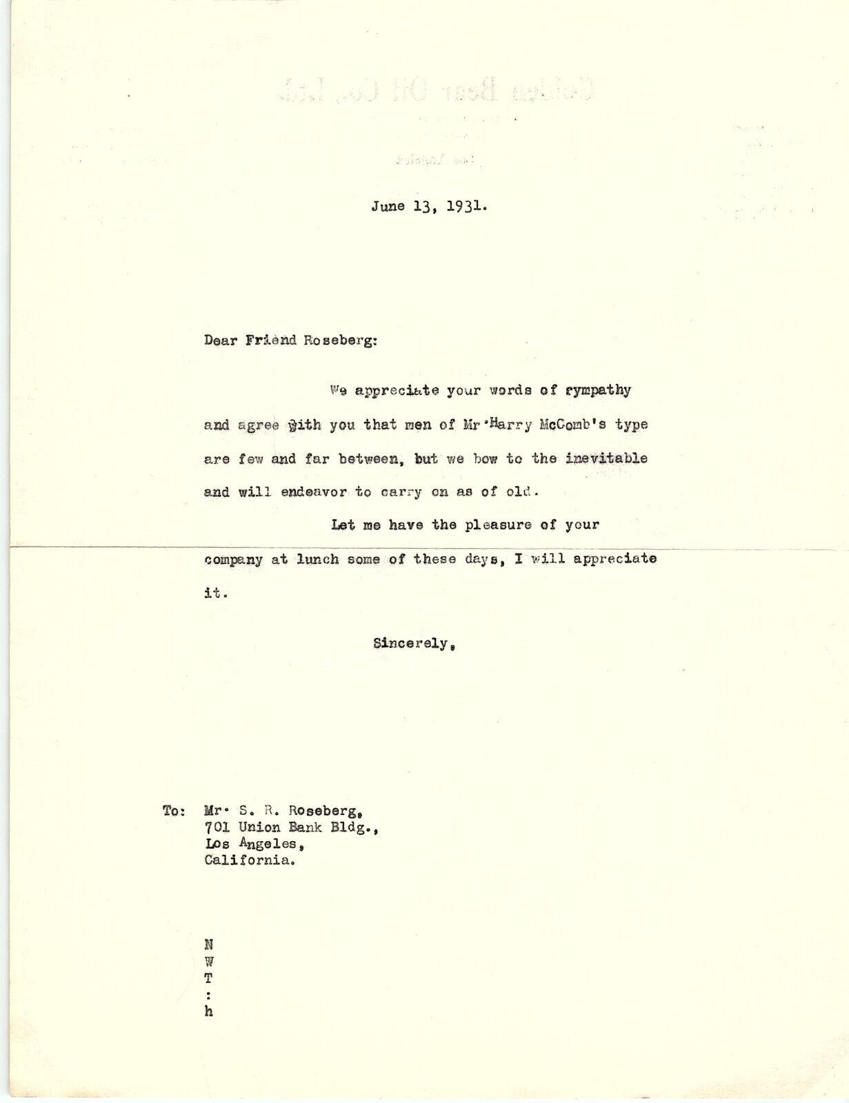 1931 Golden Bear OIL CO LOS Angeles CA S R Rosenberg Sympathy ...