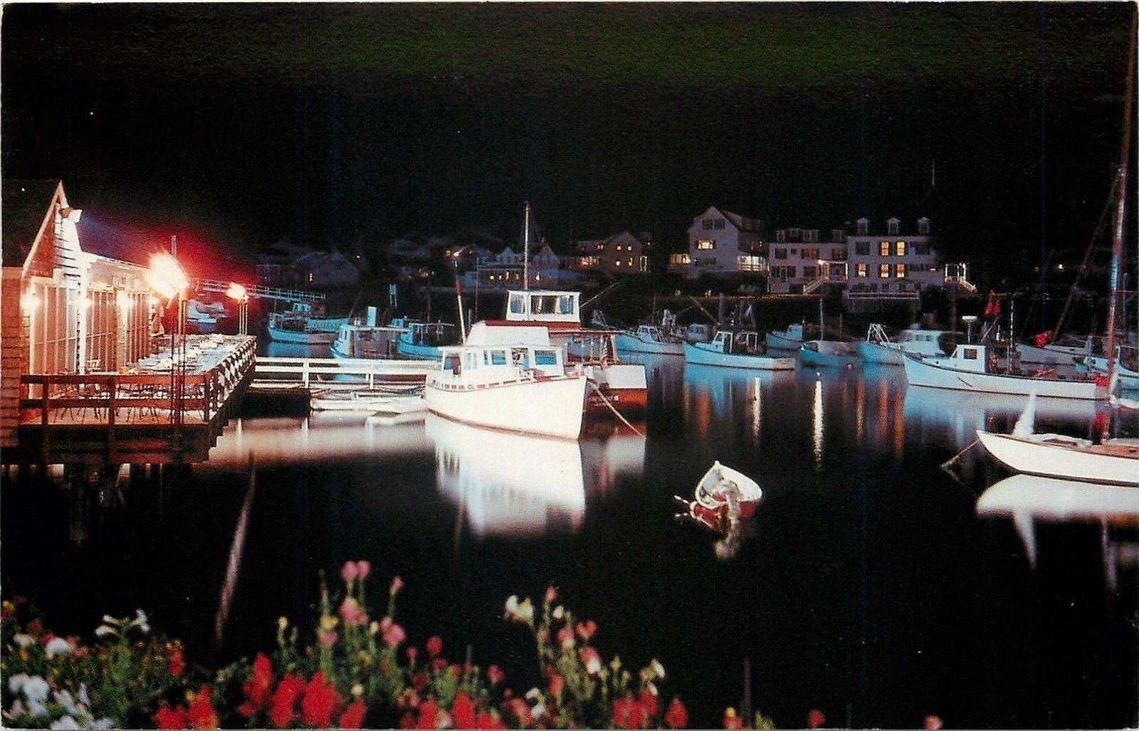 Ogunquit Maine~Perkins Cove Night Lights~Boats Reflect in Water~Docks ...