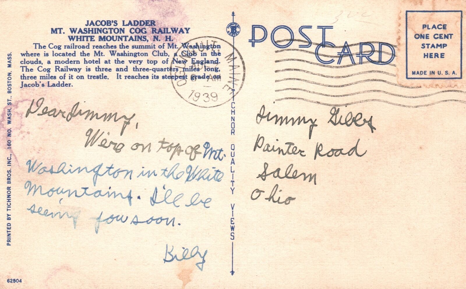 Vintage Postcard 1939 Jacob's Ladder Mt. Washington Cog Railway White ...