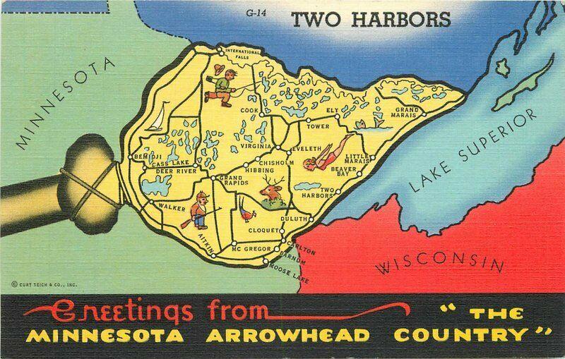 1930s Map Attractions Minnesota Arrowhead County Linen Postcard Teich ...