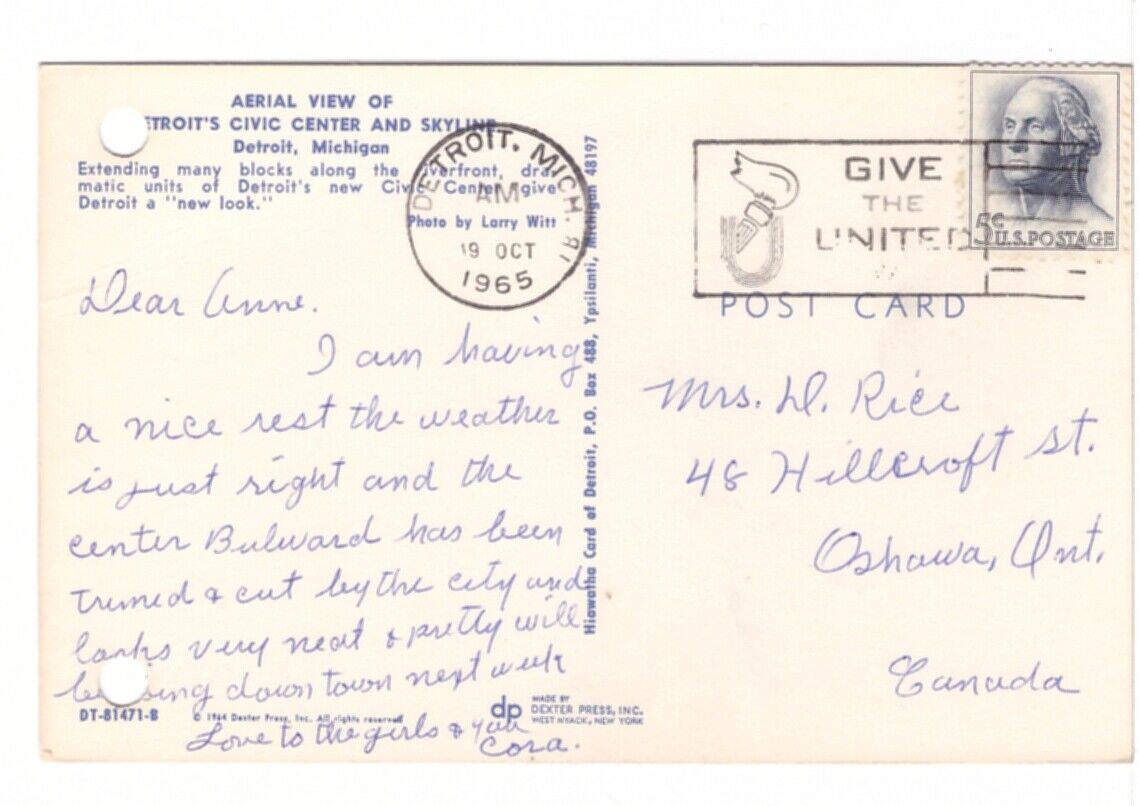 Civic Center & Skyline, Detroit MI, 1965 Aerial View Postcard, United ...