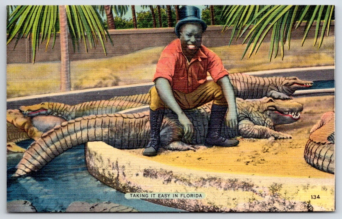 Taking IT Easy Florida MAN Sitting on Alligator TOP HAT Black Americana ...