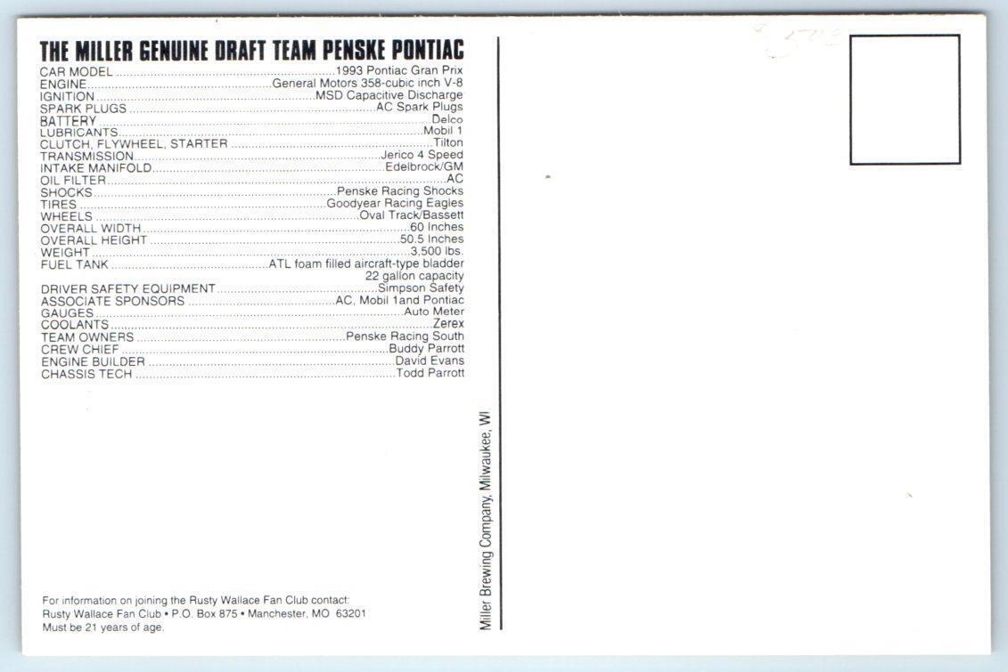 RUSTY WALLACE Racing Team ~ Advertising MILLER GENUINE DRAFT BEER 1993 ...