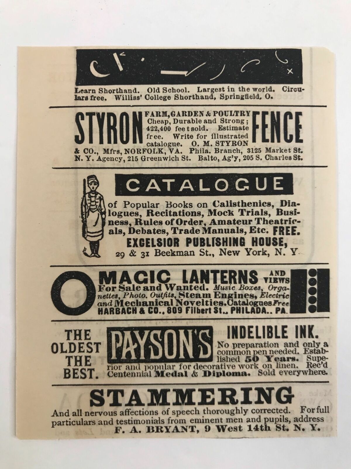 1889 O' Magic Lanterns / Indelible Ink Victorian Print Ads Original 2T1 ...