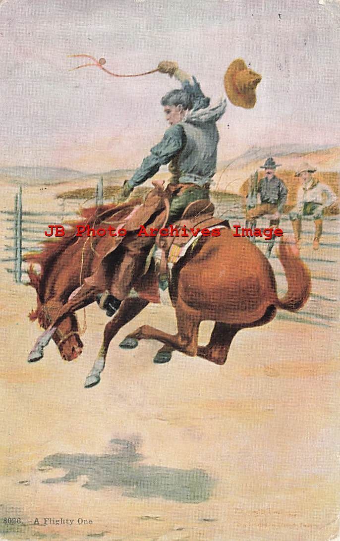 RF Elwell, Unknown No 8026, A Flighty One, Cowboy Busting a Bronco ...