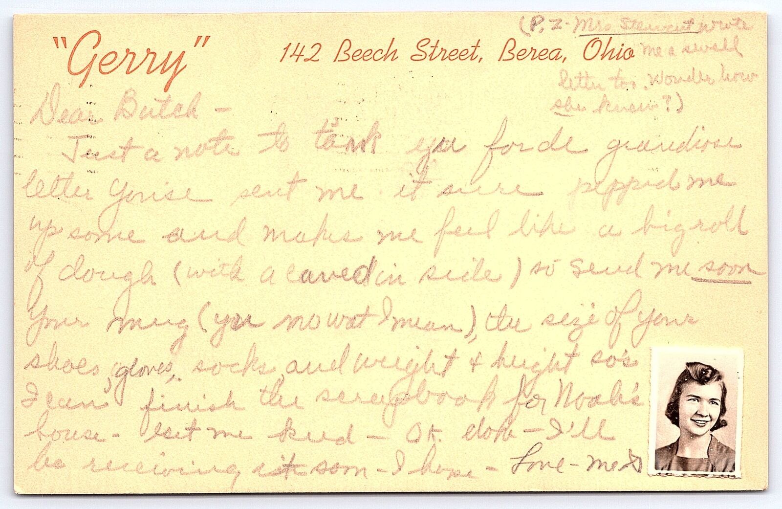 1941 Handwritten Thank You Letter Gerry 142 Beech St Berea Ohio Posted ...
