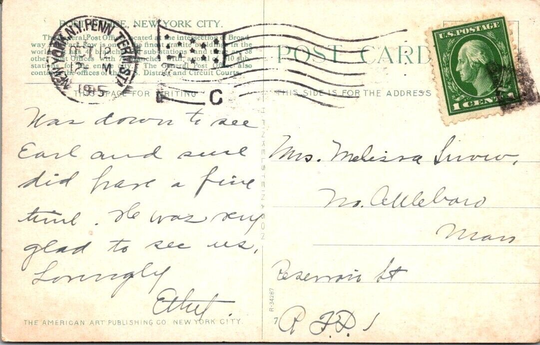 Vintage New York City Postcard - Post Office 1915 Trolly - Horse and ...