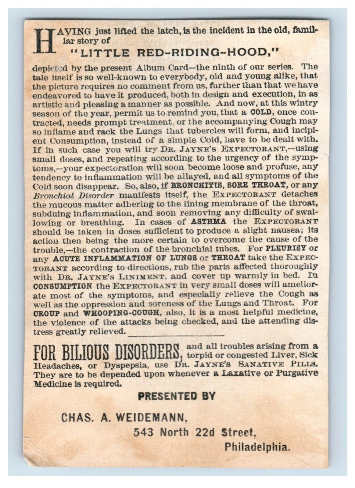 1870's-80's Quack Medicine Chas. A. Weideman Dr. Jayne Victorian Trade ...