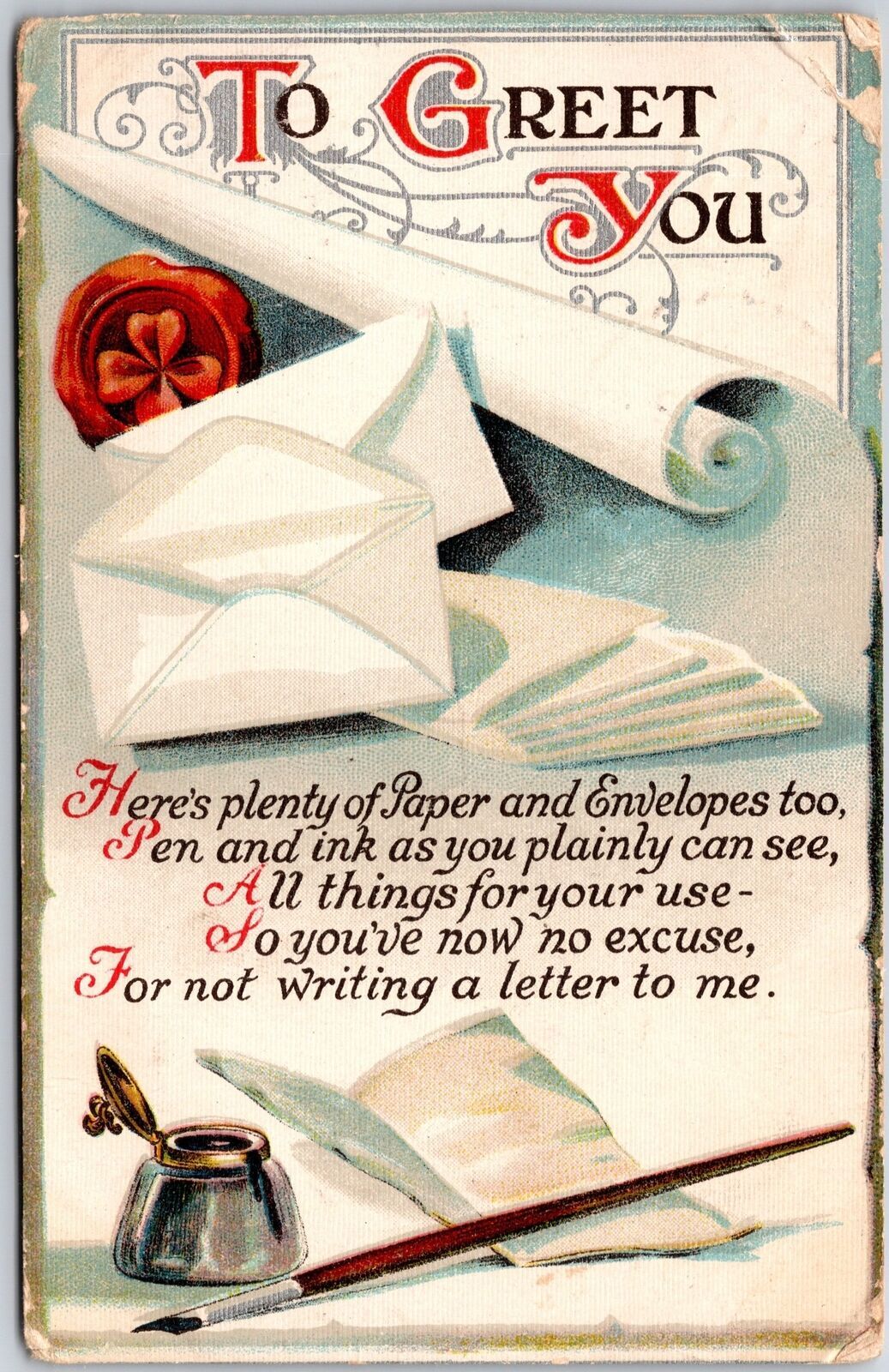 1910's To Greet You Paper and Envelope Ink Writing a Letter Posted ...